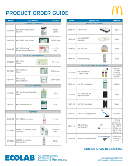 ECOLAB® Literature Ordering Portal. McD Product Order Guide